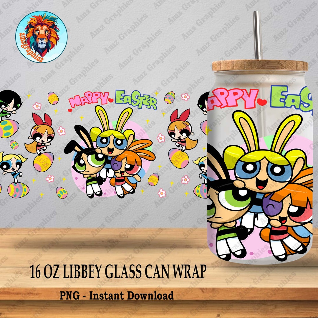 Cartoon Super Girls Easter Glass Can , Easter Libbey 16oz, Retro Flower ...