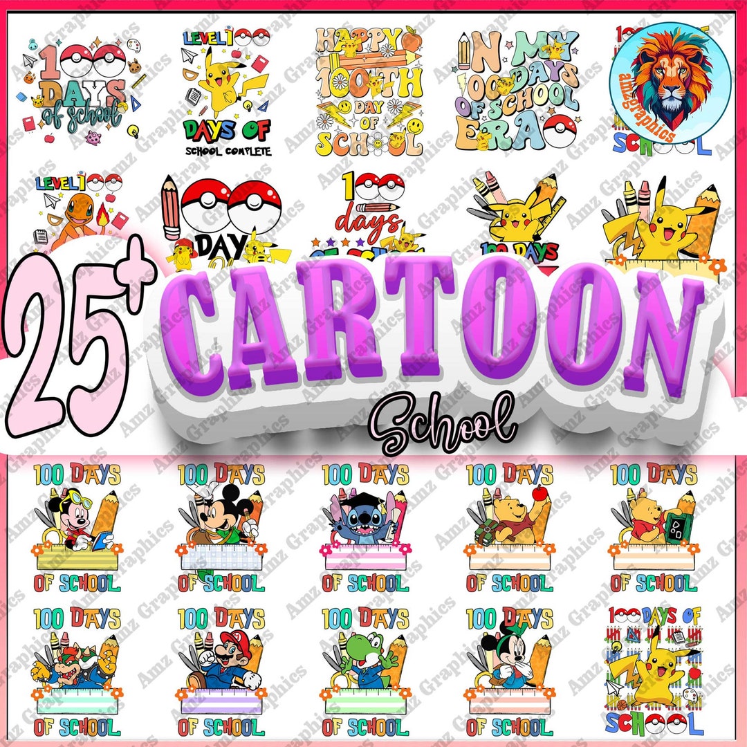 25 100 Days of School Cartoon PNG Bundle, Happy 100 Days of School Png ...