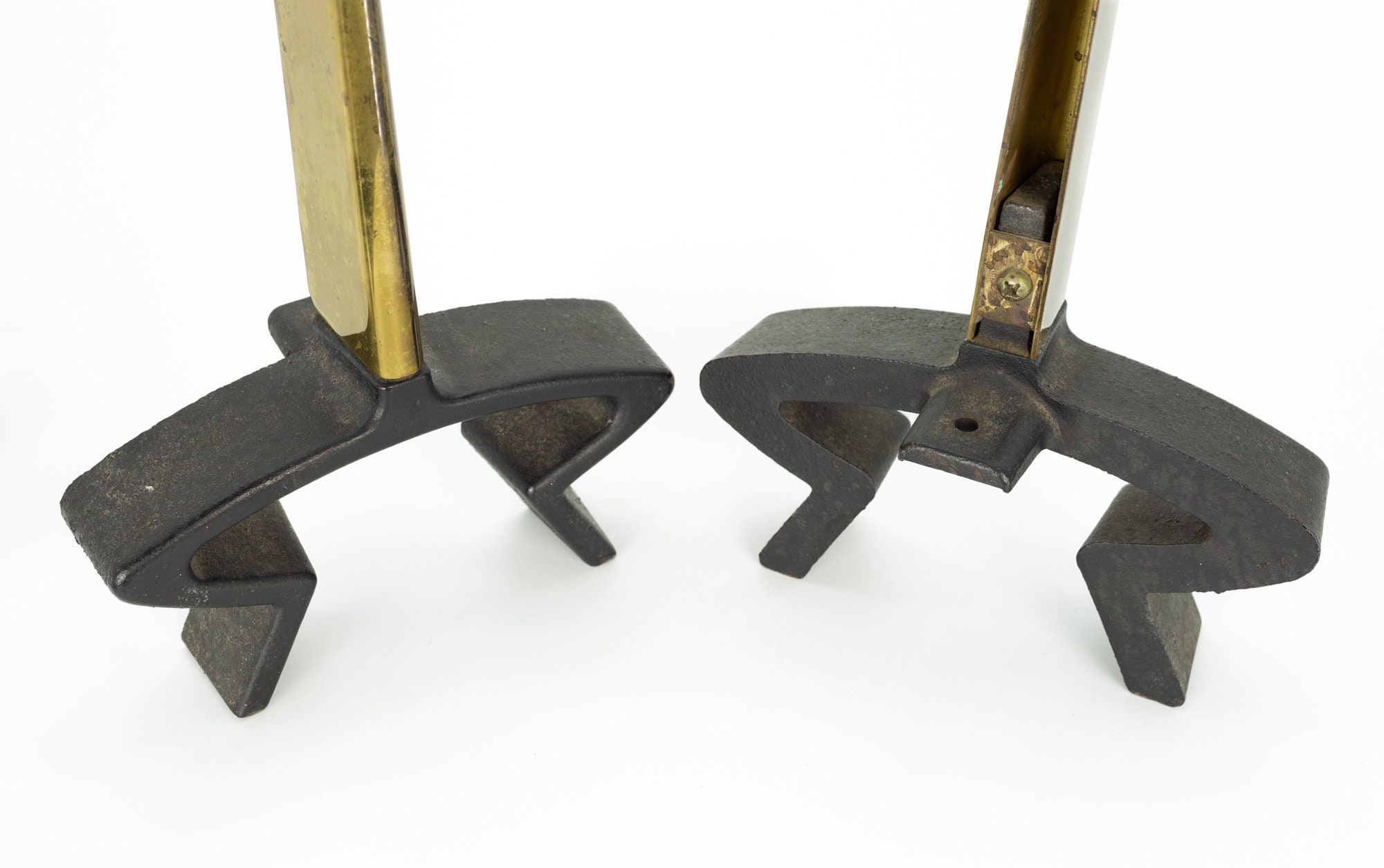 Donald Deskey for Bennett Mid Century Iron and Brass Andirons Fireplace ...