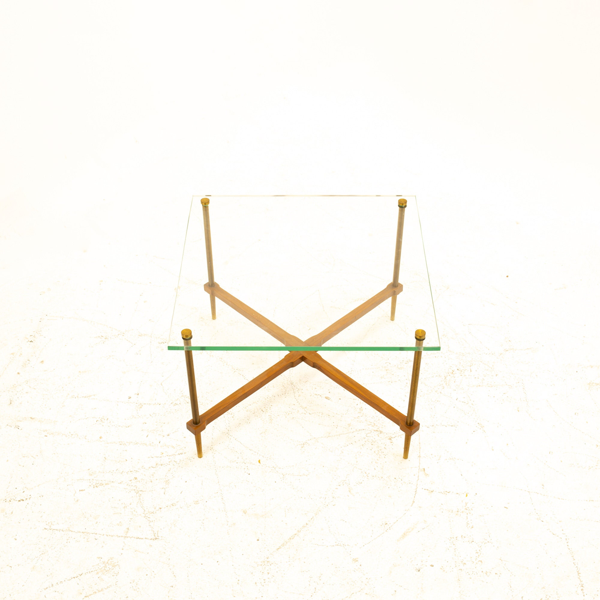 Mid Century Walnut and Brass X Base Table With Glass Top Mcm - Etsy