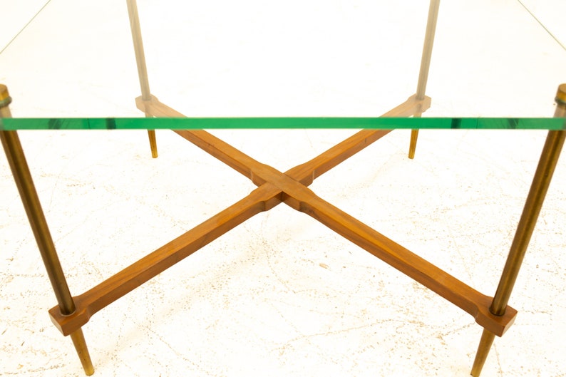 Mid Century Walnut and Brass X Base Table With Glass Top Mcm - Etsy