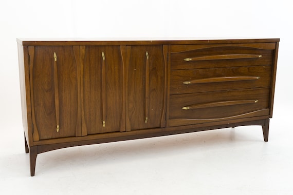 Kroehler Walnut and Brass Mid Century Lowboy Dresser With Mirror Mcm Etsy