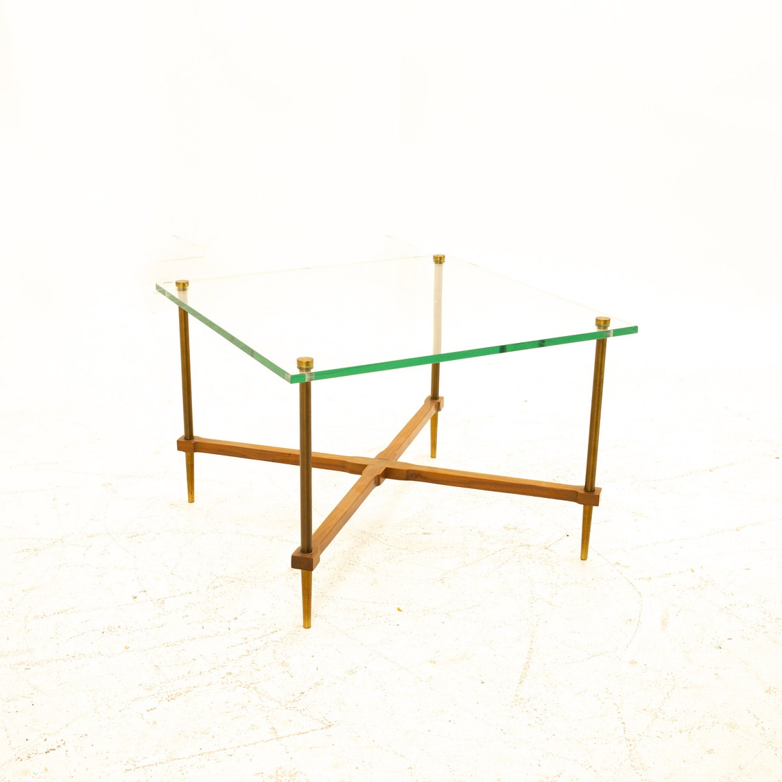 Mid Century Walnut and Brass X Base Table With Glass Top Mcm - Etsy