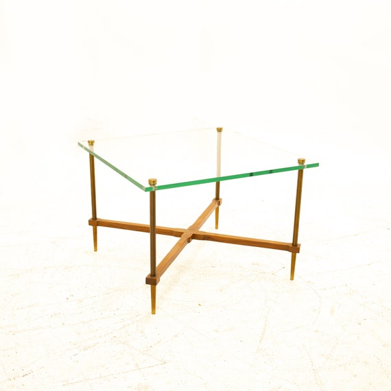 Mid Century Walnut and Brass X Base Table With Glass Top Mcm | Etsy