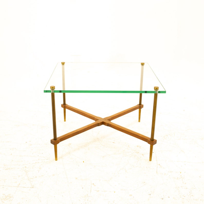 Mid Century Walnut and Brass X Base Table With Glass Top Mcm - Etsy