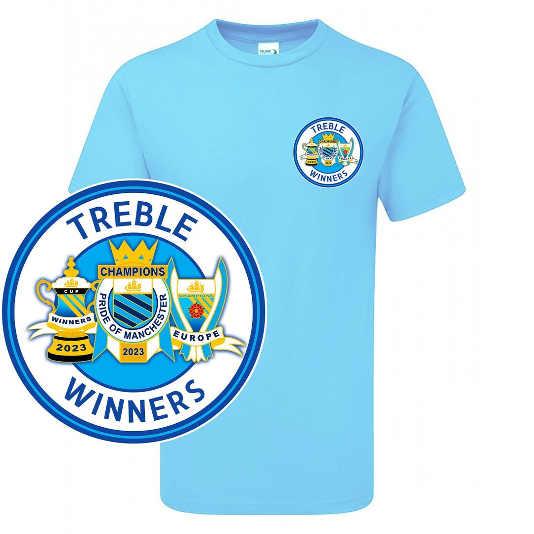 TREBLE Manchester City Pocket Crest 2023 TSHIRT Champions Winners ...