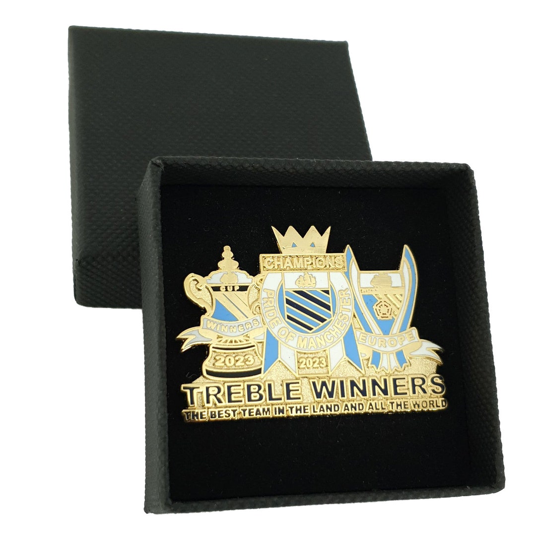 TREBLE Manchester City Trophies 2023 BADGE in a Small Gift Box ...