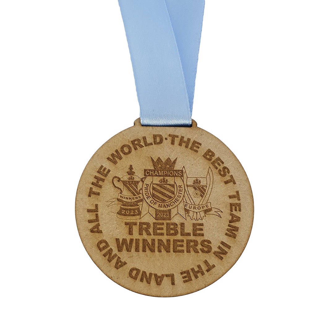 TREBLE Manchester City Trophies 2023 Wooden Medal Champions Winners Cup ...