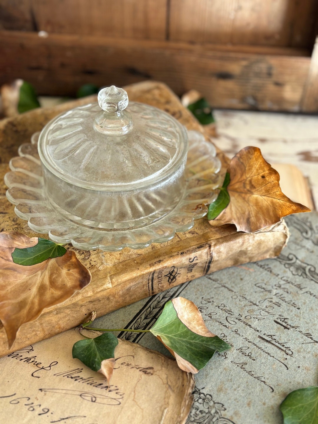 Antique Dirty and Distressed Aged Patina Glass Lidded Bowl Brocante ...