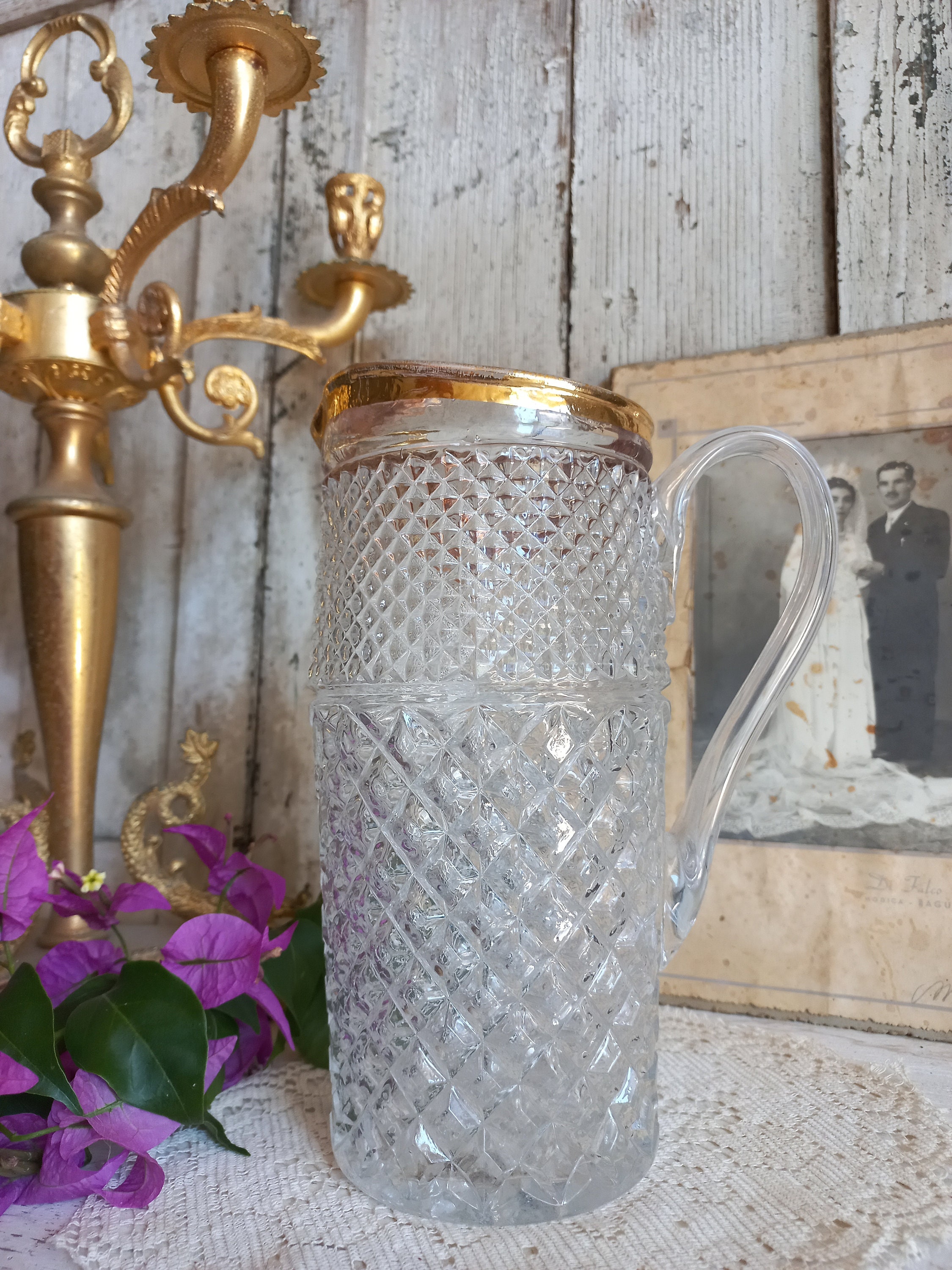 Antique Clear Diamond Pattern Glass Jug Gold Profile Farmhouse - Etsy