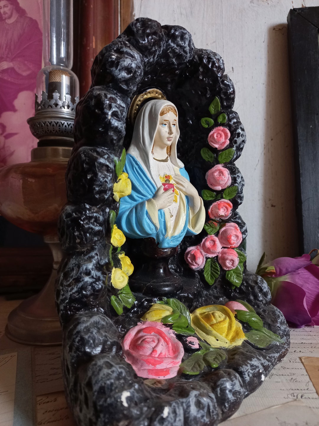 Vintage Hand-painted Plaster Grotto With Colorful Flowers Our Lady of ...
