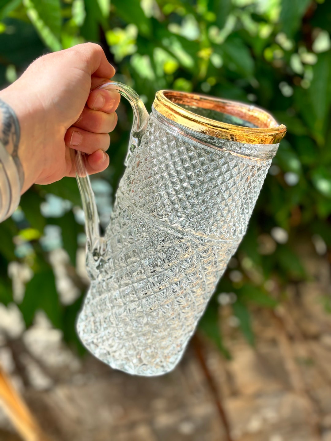 Vintage 70s Diamond Pattern Glass Jug Gold Profile Farmhouse Pitcher ...