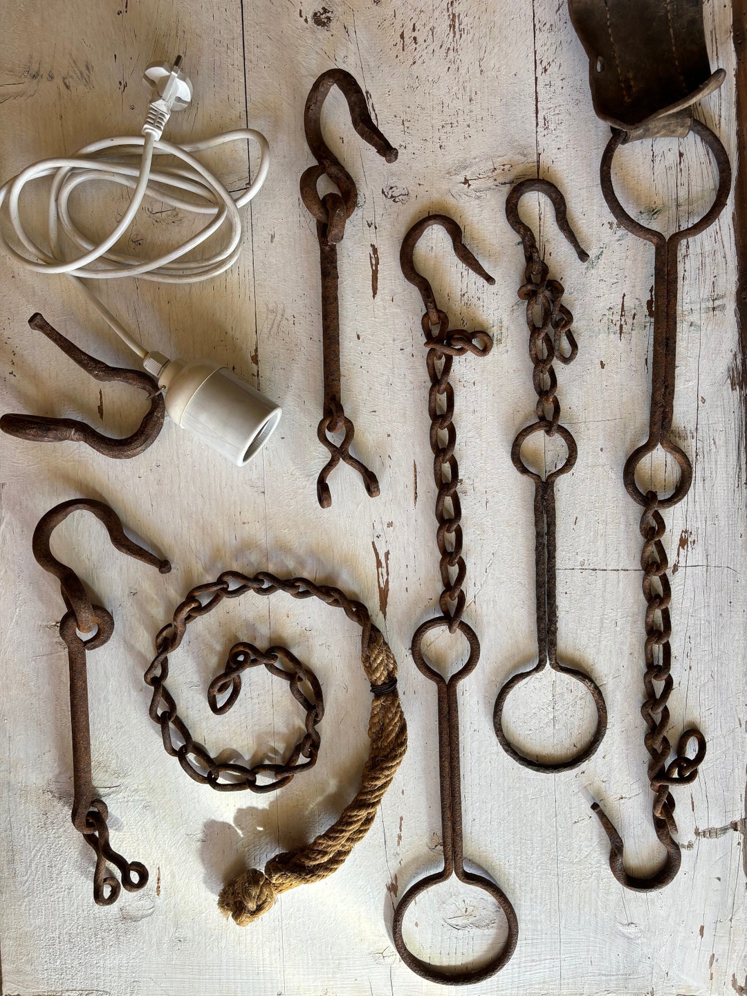Antique Rusted Forged Iron Chain With Hook Repurposed Lamp Rustic ...