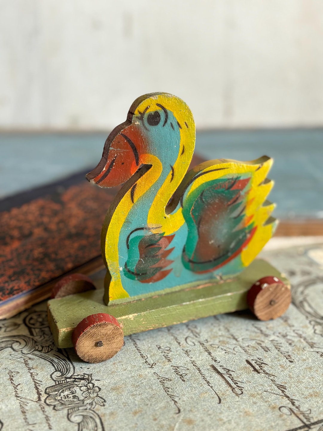 Antique Wheels Duck Toy Colorful Wooden Pull Duck Farmhouse Decor ...
