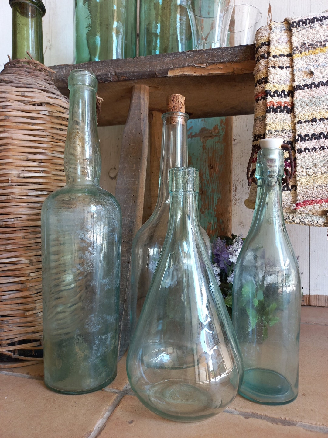 Antique Flasks Round Wine Bottle Farmhouse Kitchen Brocante Decor Round ...