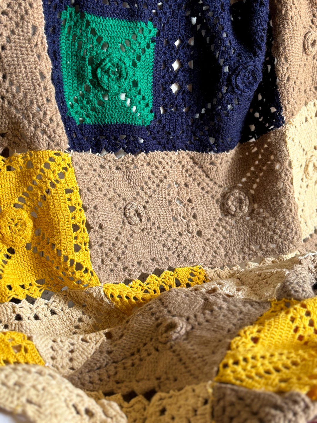 Vintage Crochet Granny Square Blanket, Gypsy Caravan Throw, Crochet ...