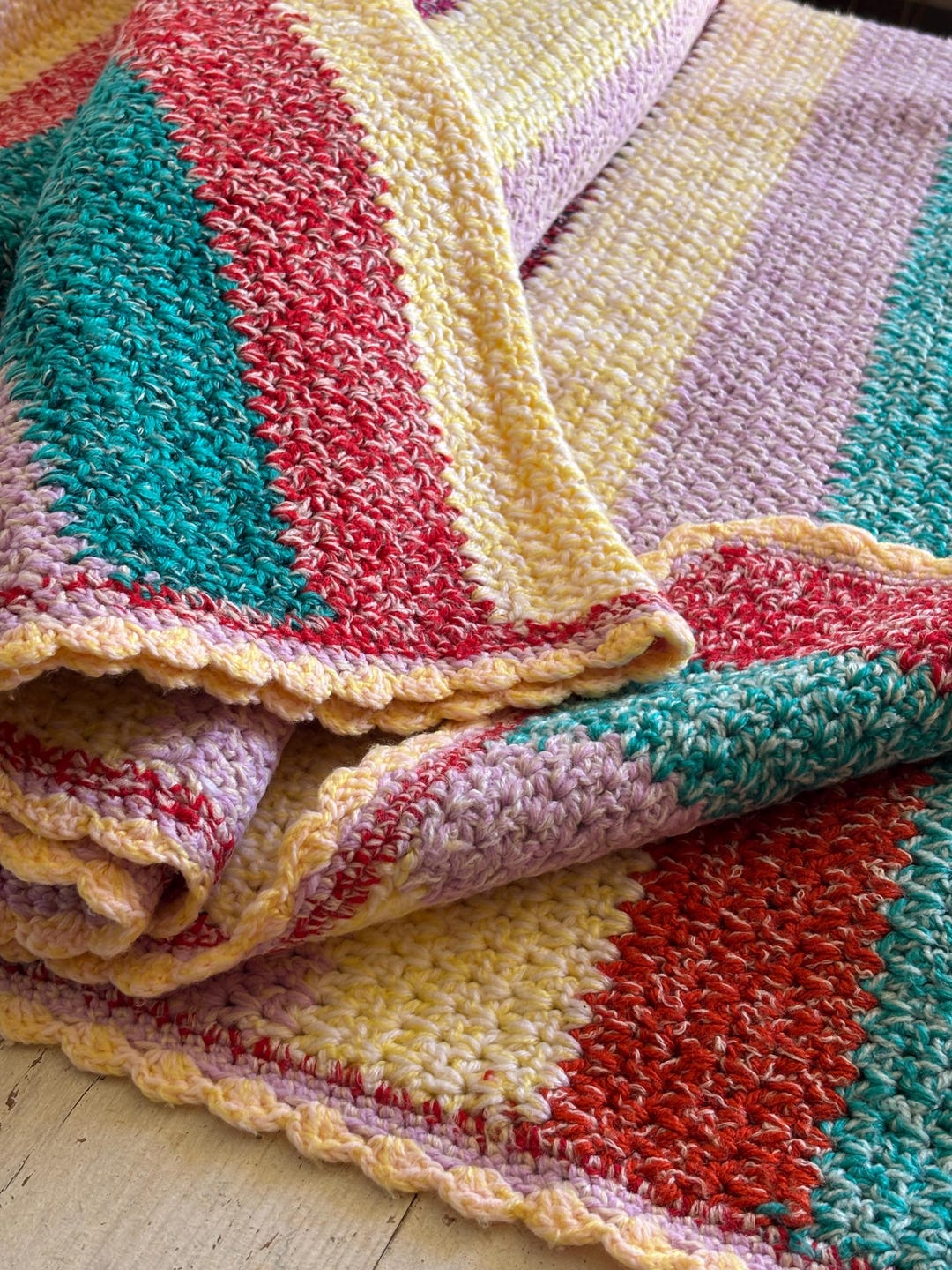 Vintage 70s Retro Colorful Crochet Blanket - Hand Crocheted Traditional ...
