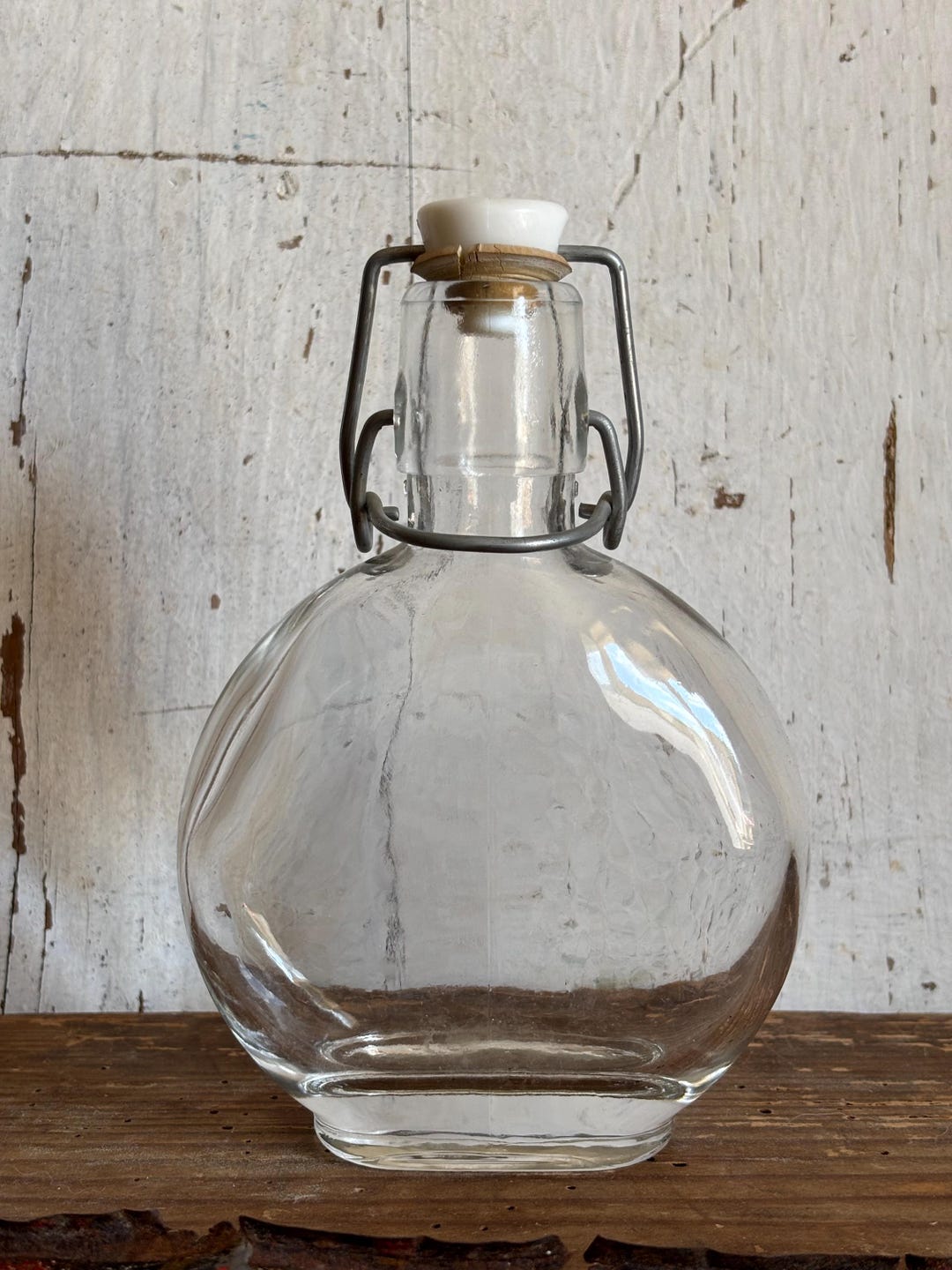 Vintage Glass Pocket Flask With Flip Top Small Round Bottle Bar and ...