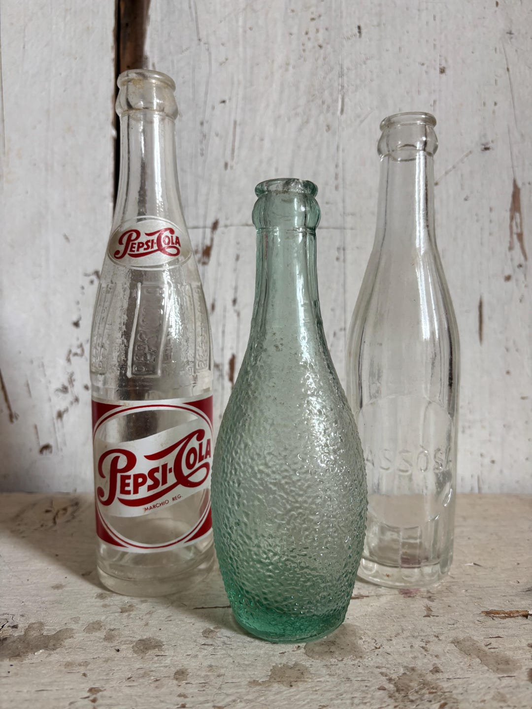 Vintage 3 Glass Bottles Pepsi Cola, Gassosa, Orangina, Farmhouse ...
