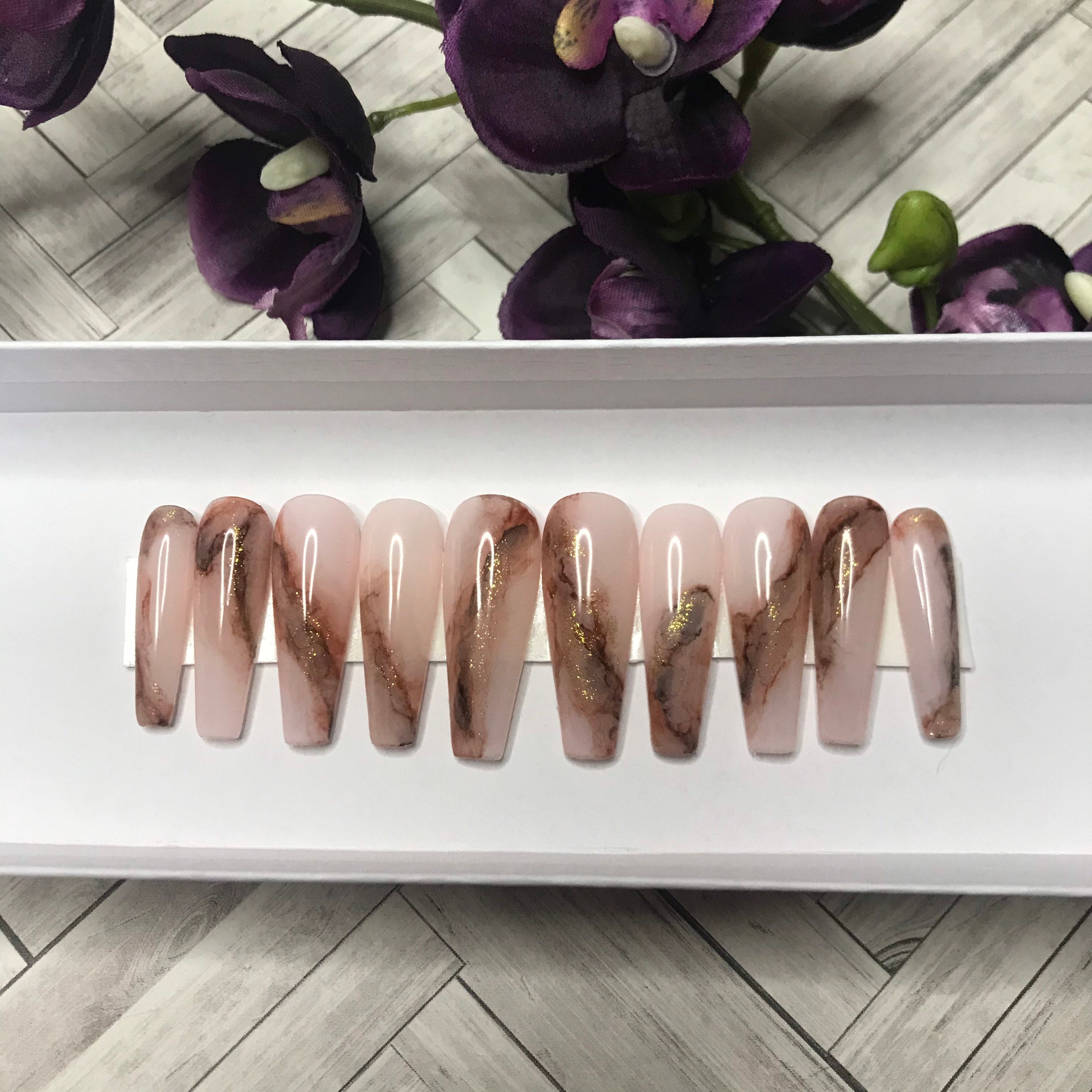 Pink Nude Gel Ink Long Coffin Full Cover Press on Set | Etsy