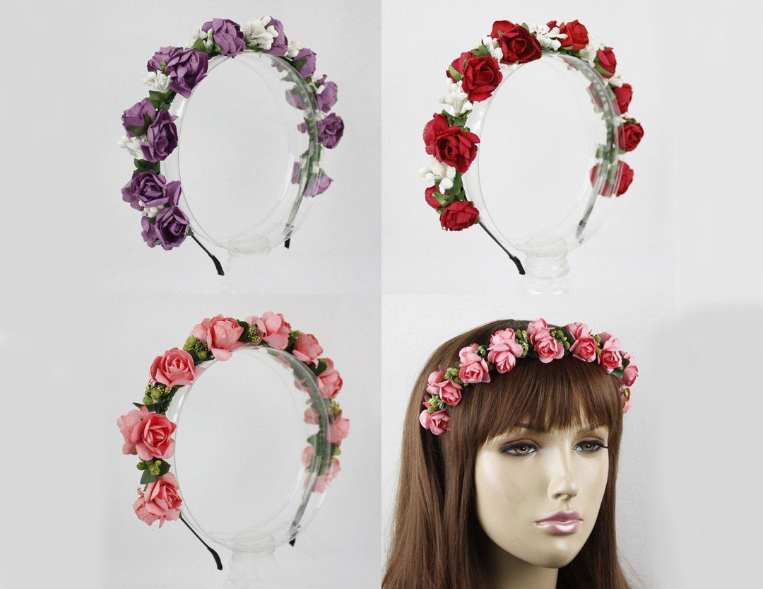 Rose Floral Flower Ribbon Crown Headband - Etsy