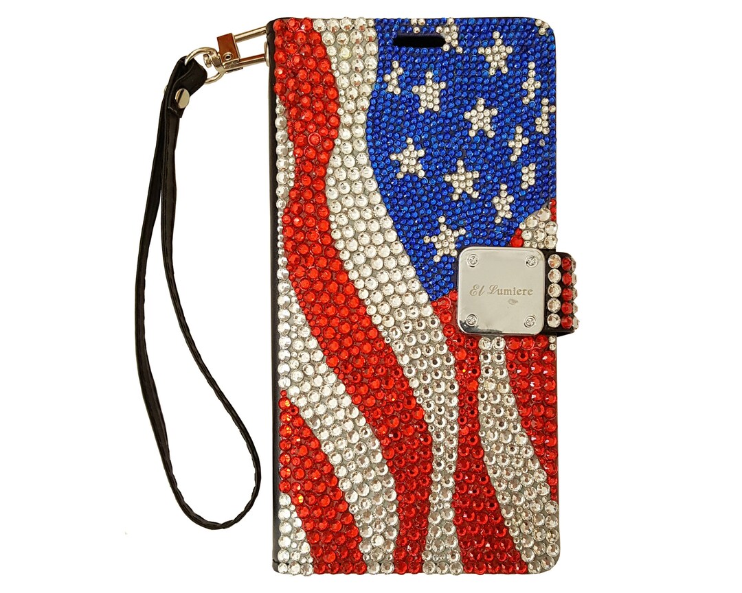 US American Flag Rhinestone Bling 3D Wristlet Wallet Phone Case Samsung ...