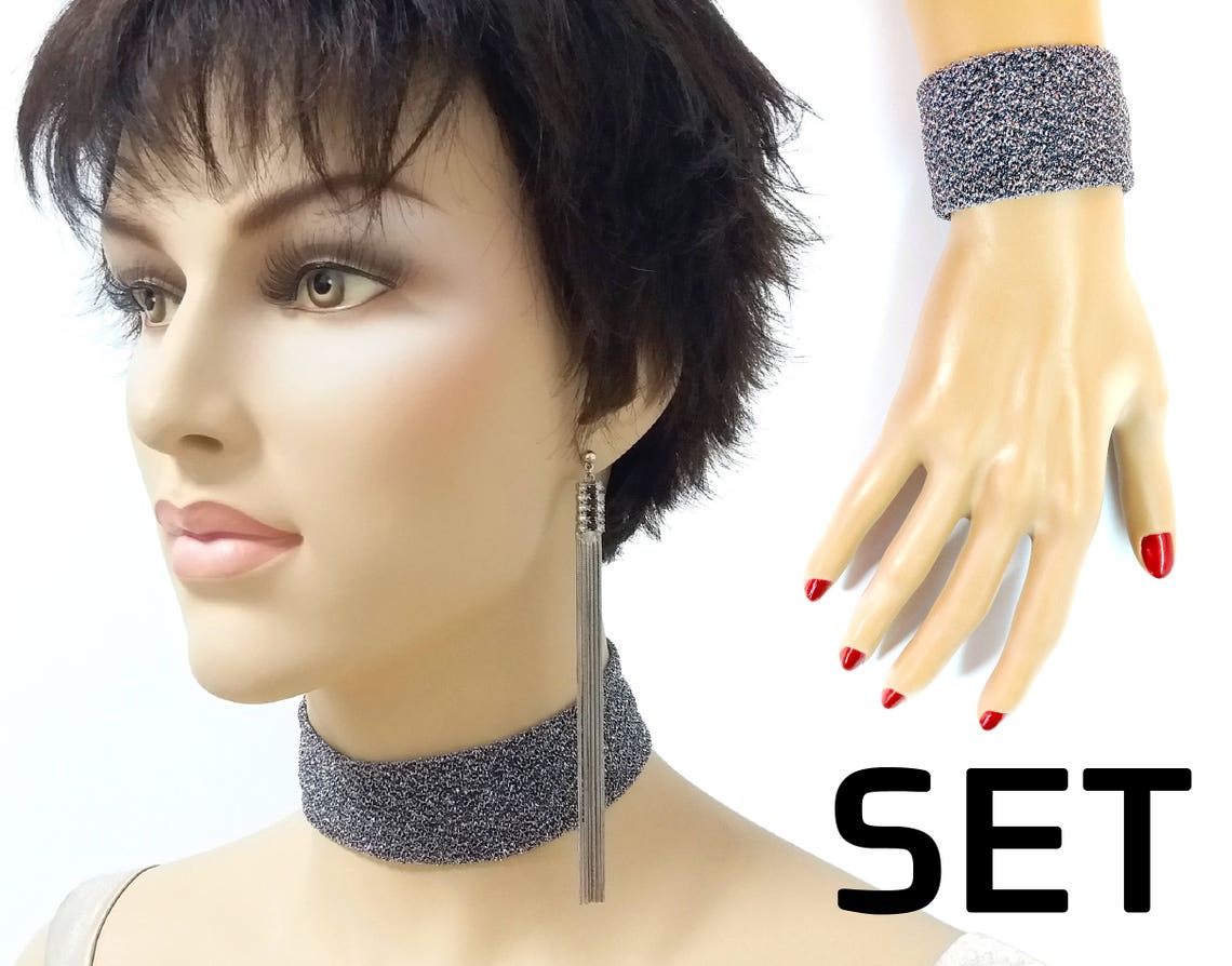 Silver Fashion Neck Choker Collar Necklace and Bracelet Set - Etsy