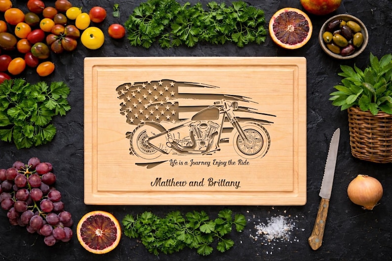 Personalized Motorcycle Cutting Board With USA Flag: Custom Biker Gift ...
