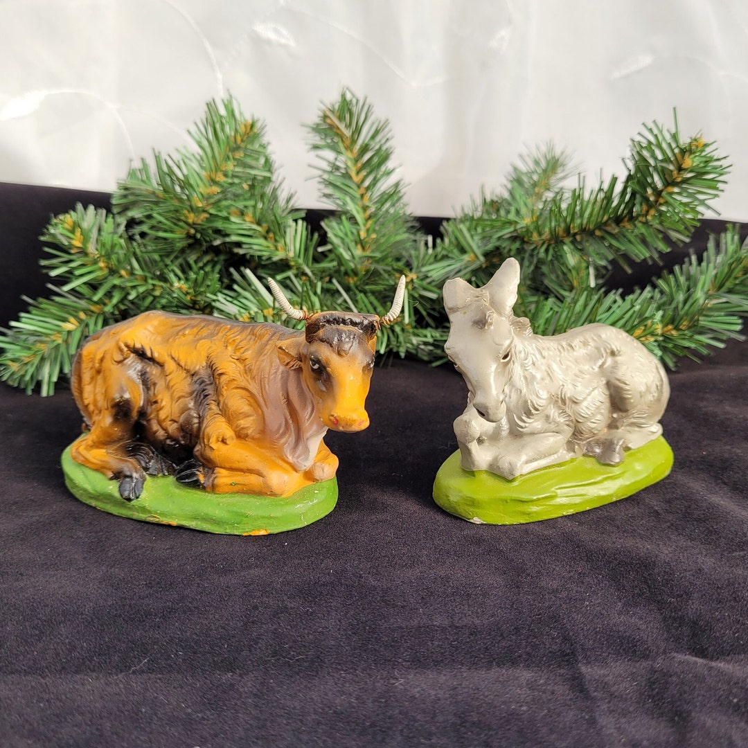 Set of 2 Nativity Animals, Ox & Donkey - Spring Horns on Ox - Chipped ...
