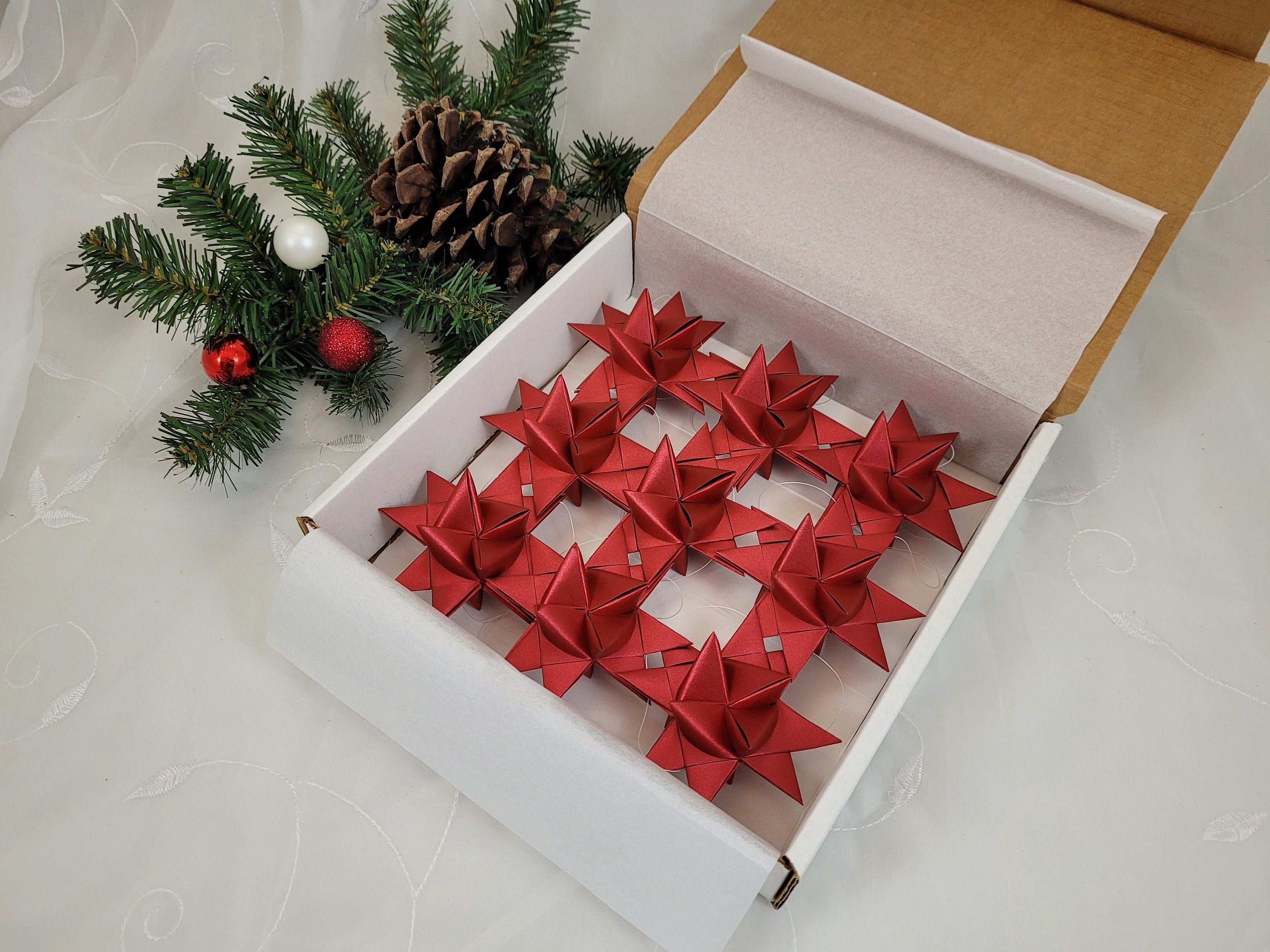 Set of 9 Handmade 3" Froebel Star Ornaments - Large Pearlized Red ...