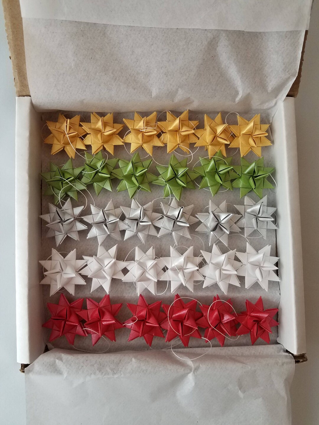 Set of 30 Handmade 1" Froebel Star Ornaments - Red, Green, White ...