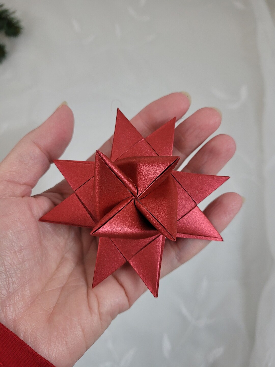 Set of 9 Handmade 3" Froebel Star Ornaments - Large Pearlized Red ...