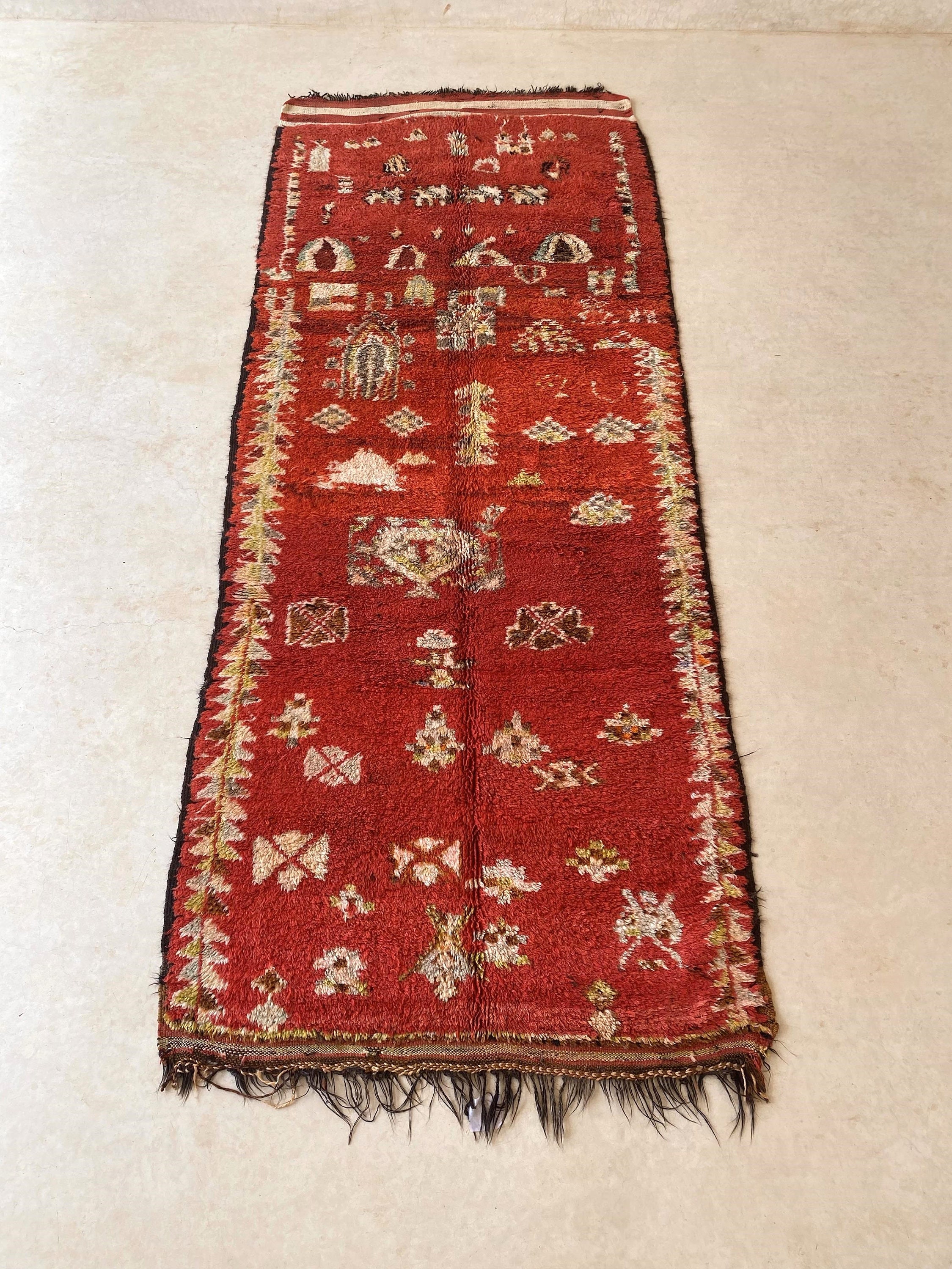 Vintage Rehamna Moroccan Rug: Tribal Design, Red Wool, 5.1x12.5 Ft - Etsy