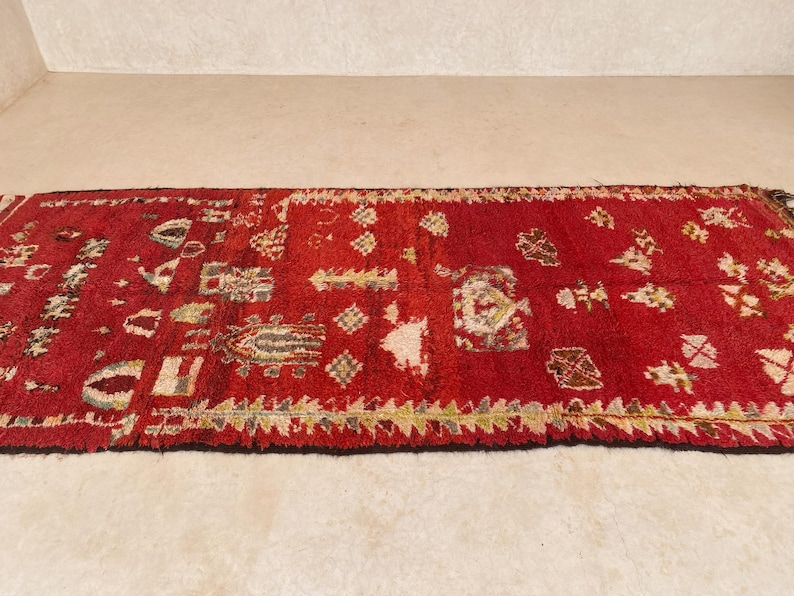 Vintage Rehamna Moroccan Rug: Tribal Design, Red Wool, 5.1x12.5 Ft - Etsy