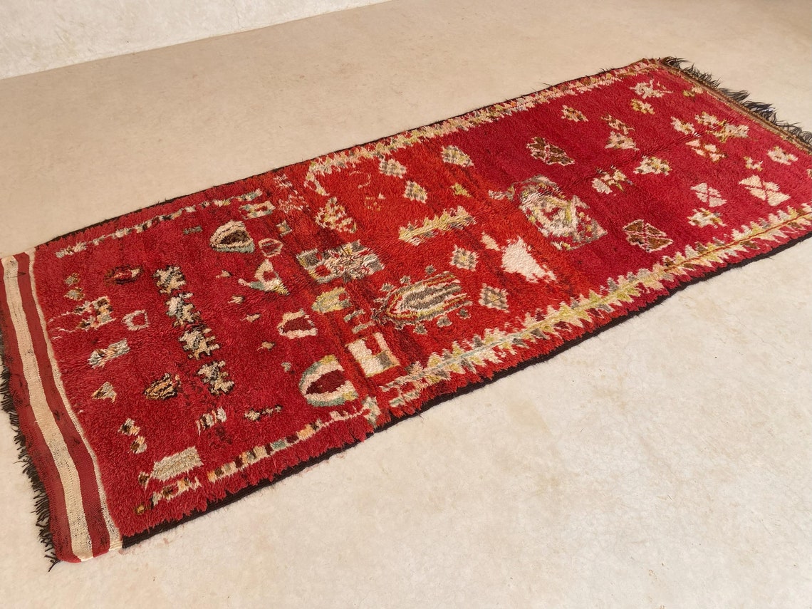 Vintage Rehamna Moroccan Rug: Tribal Design, Red Wool, 5.1x12.5 Ft - Etsy