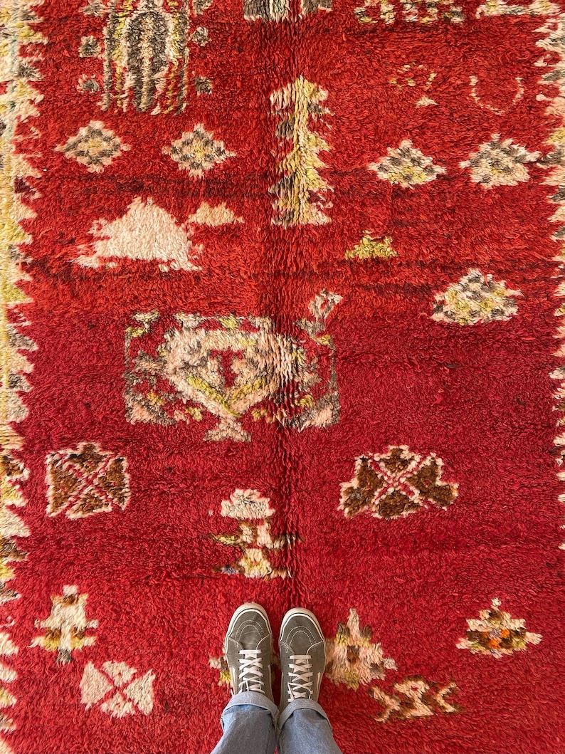 Vintage Rehamna Moroccan Rug: Tribal Design, Red Wool, 5.1x12.5 Ft - Etsy