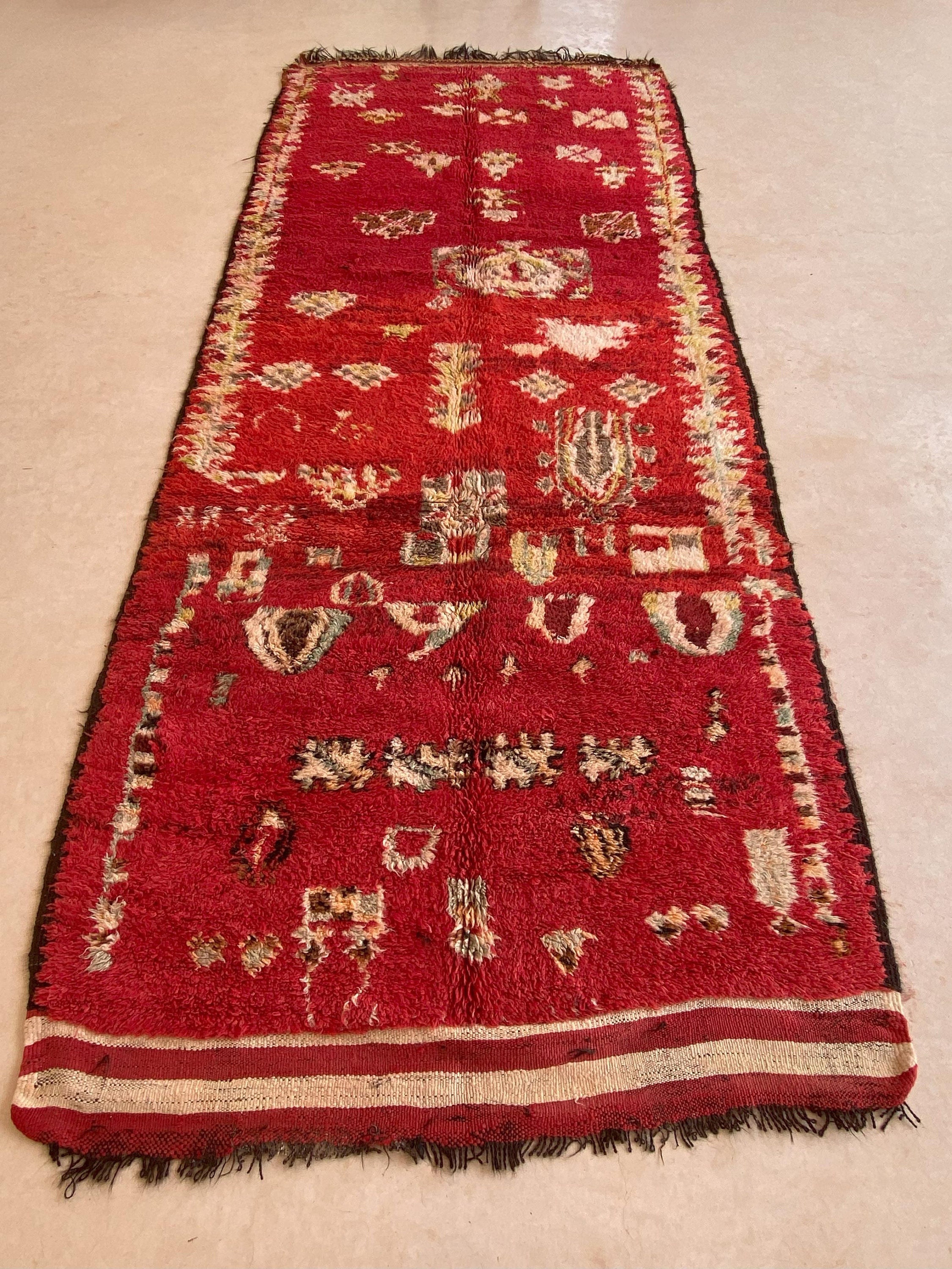 Vintage Rehamna Moroccan Rug: Tribal Design, Red Wool, 5.1x12.5 Ft - Etsy