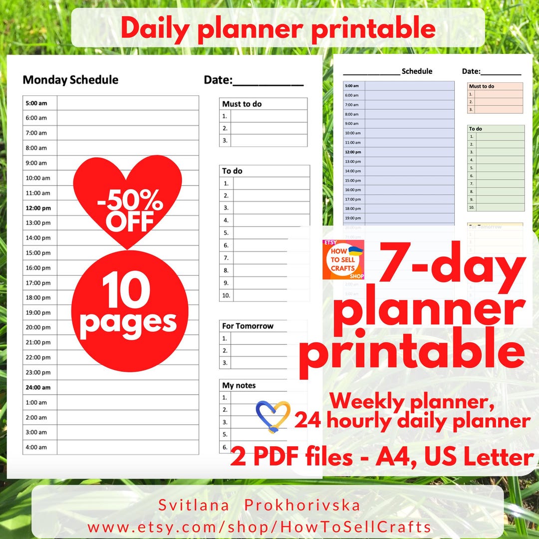 7-day Daily Planner Printable: Hourly Schedule, Work From Home Planner ...