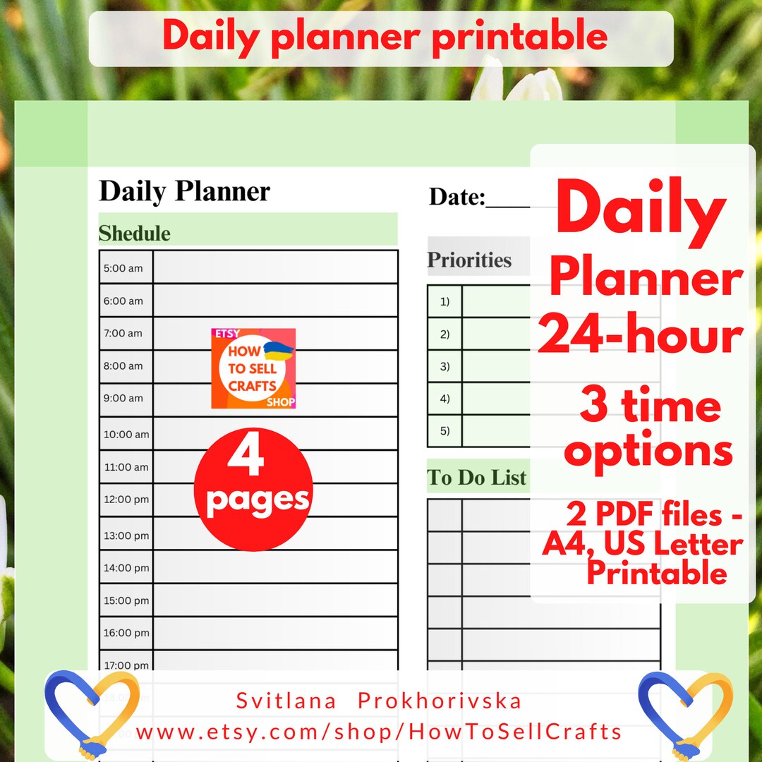 Daily Planner Printable PDF 24 Hour. Hourly Planner, Simple Planner ...