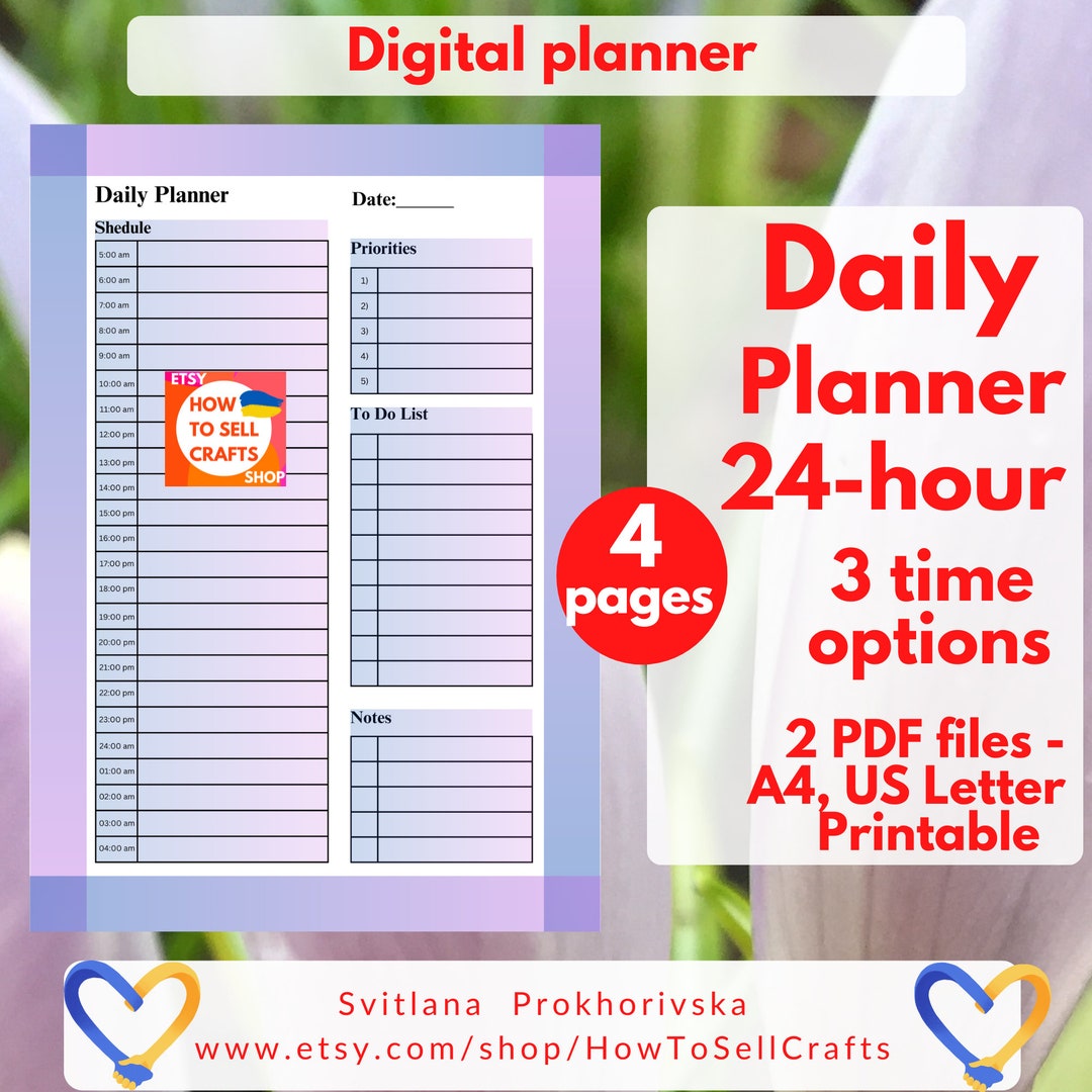 24 Hour Daily Planner Printable PDF Simple Planner Purple. Work From ...