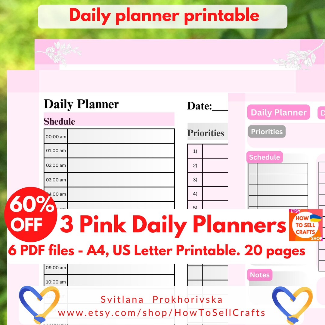 Daily Planner Pink Printable. 3 Simple Planner Set 24 Hourly Planner ...