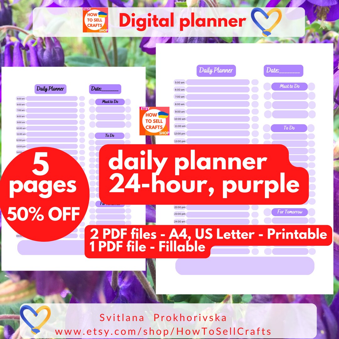 Daily Planner Purple 24 Hourly Planner. Work From Home Planner. Home ...