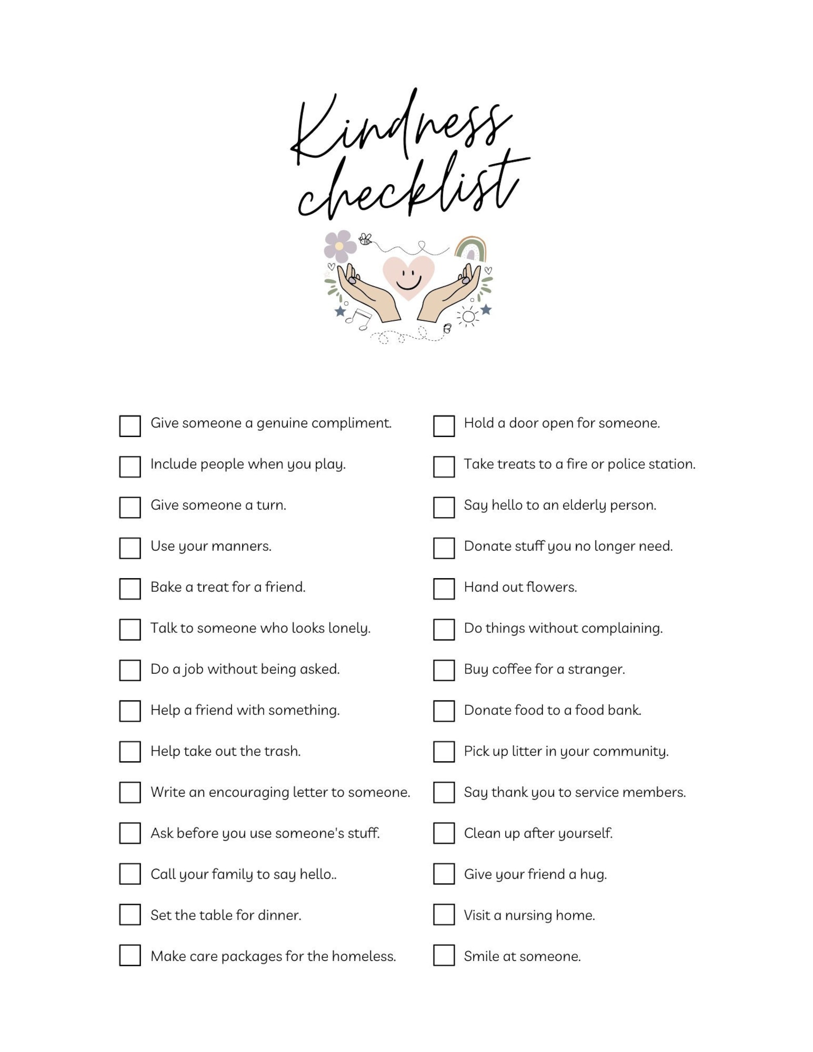 Kindness Checklist Printable, Kindness Challenge, Make the World A ...