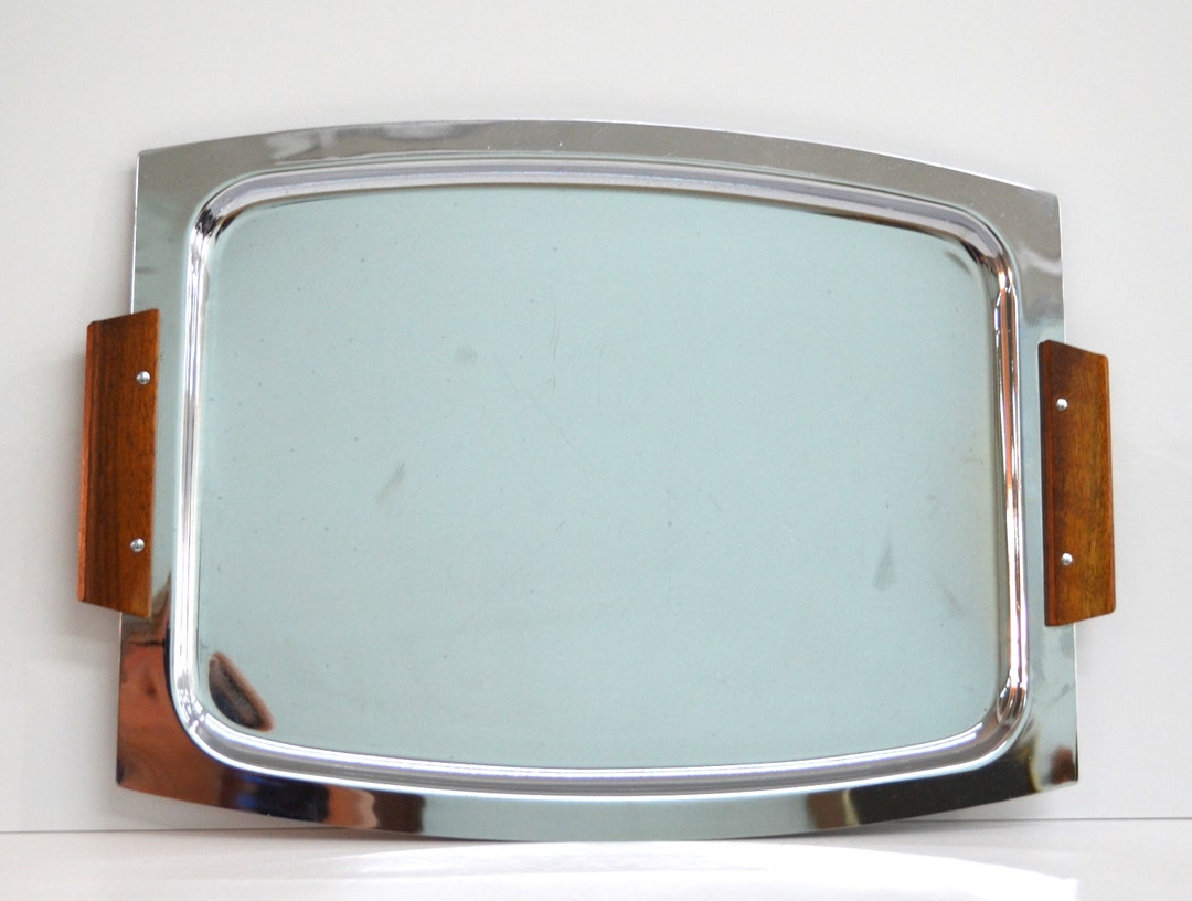 Kromex Rectangular Chrome Serving Tray With Teak Wood Handles ...