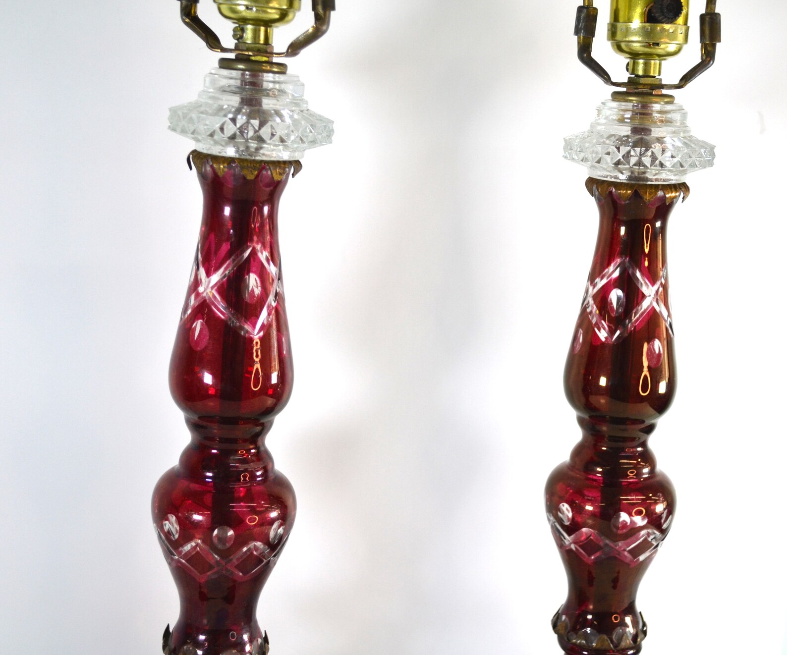 Pair of Bohemian Ruby Red Cut to Clear Table/boudoir Lamps. Clear Glass ...