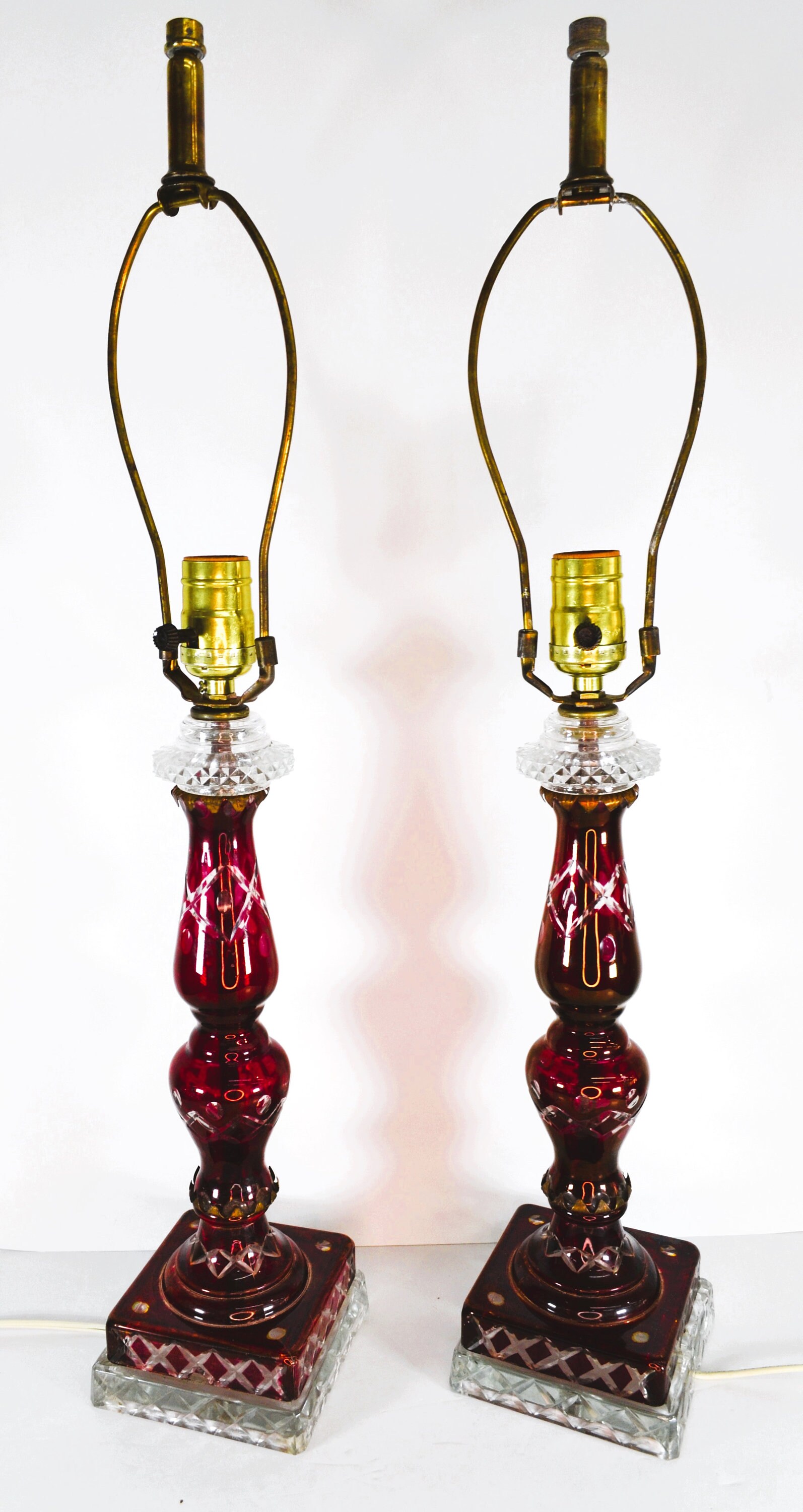 Pair of Bohemian Ruby Red Cut to Clear Table/boudoir Lamps. Clear Glass ...