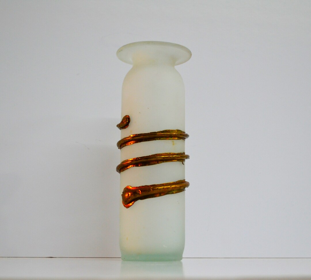 Studio Art Glass Vase. Clear Frosted Glass. Applied Copper Metal ...