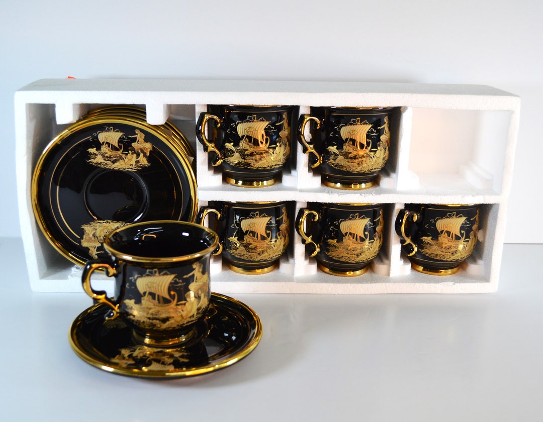 Set of SIX Vintage Tea/coffee Cups With Saucers by KE Company. Navy ...