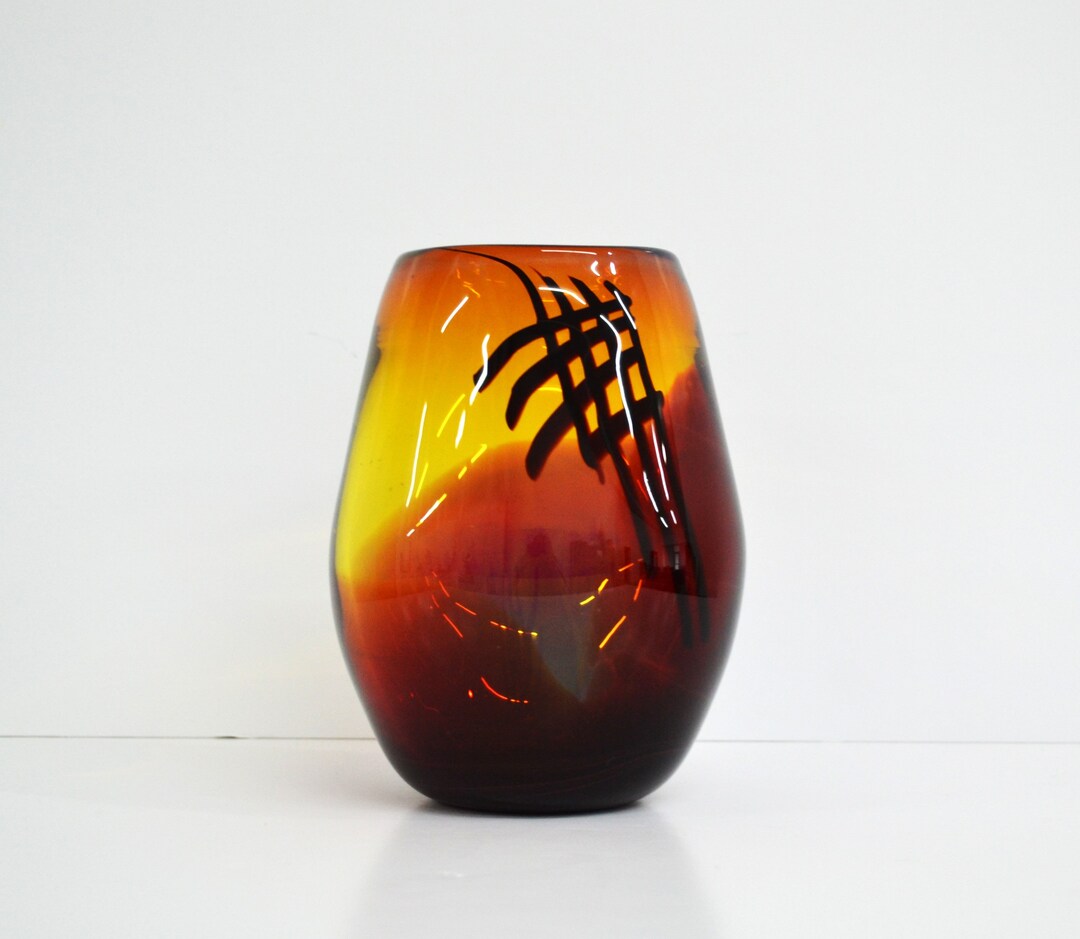 Amber and Burgundy Blown Glass Vase With Grid Motif. Designed by Peter ...