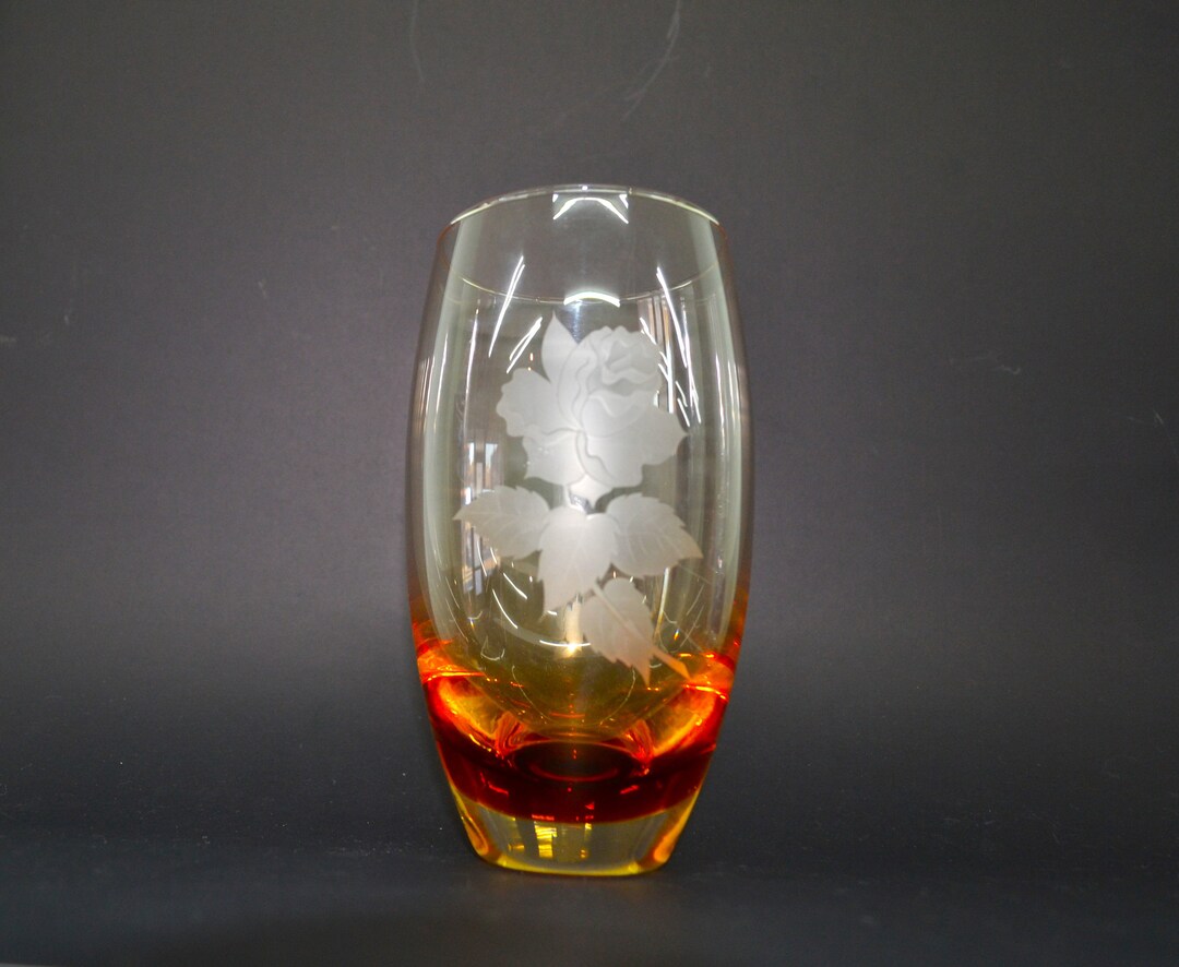 Caithness Art Glass Vase Etched Rose Design. Topaz/ Golden - Etsy